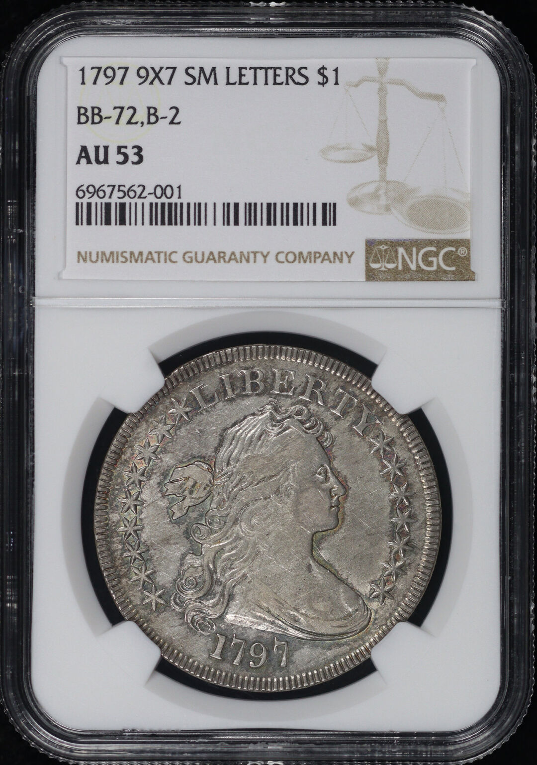 1797 9×7 Small Letters Draped Bust Dollar BB-72, B-2 NGC AU-53 ...